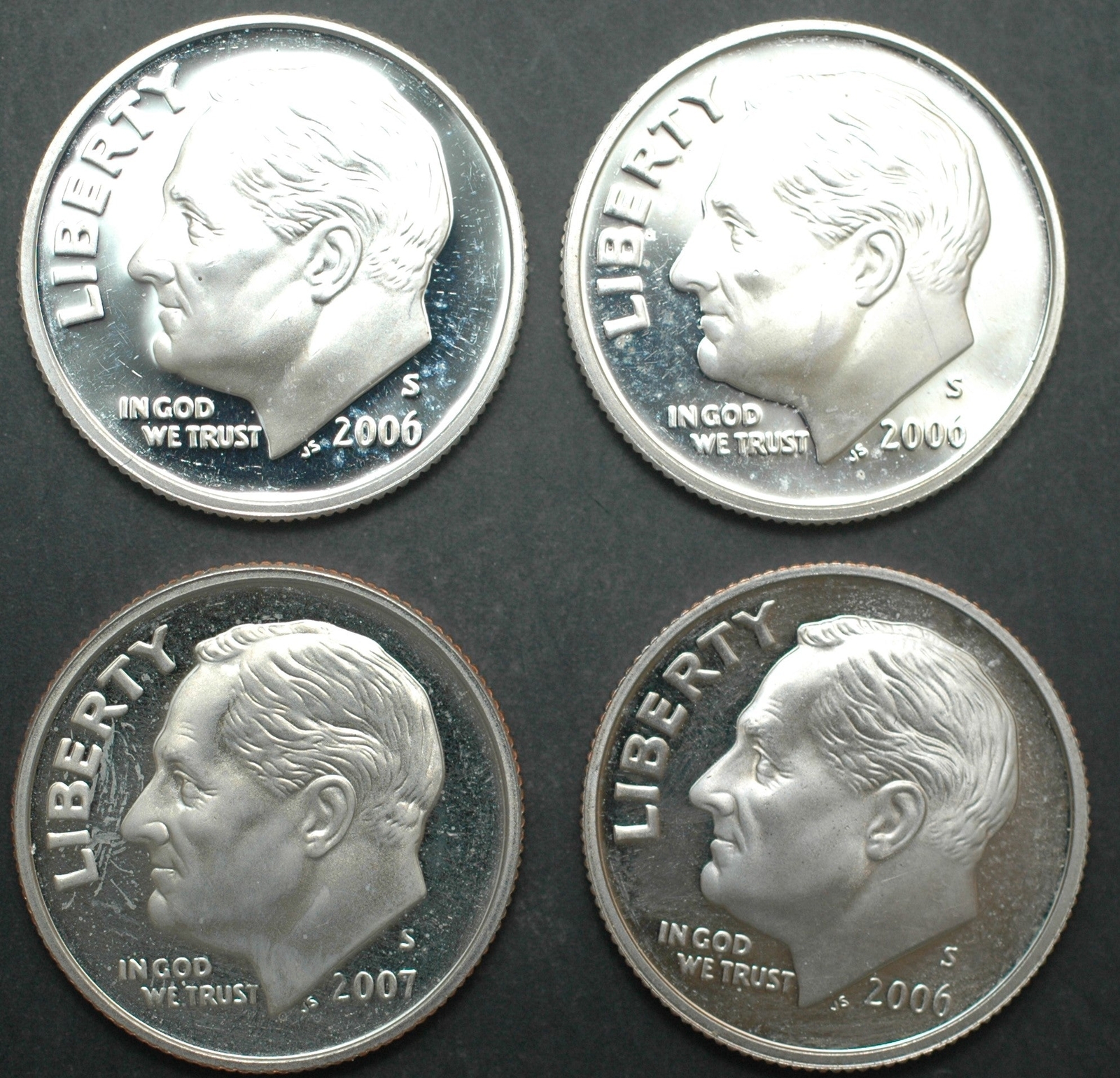 Two Proof 2006-S Silver Roosevelt Dimes with 2006-S and 2007-S Clad 4 ...