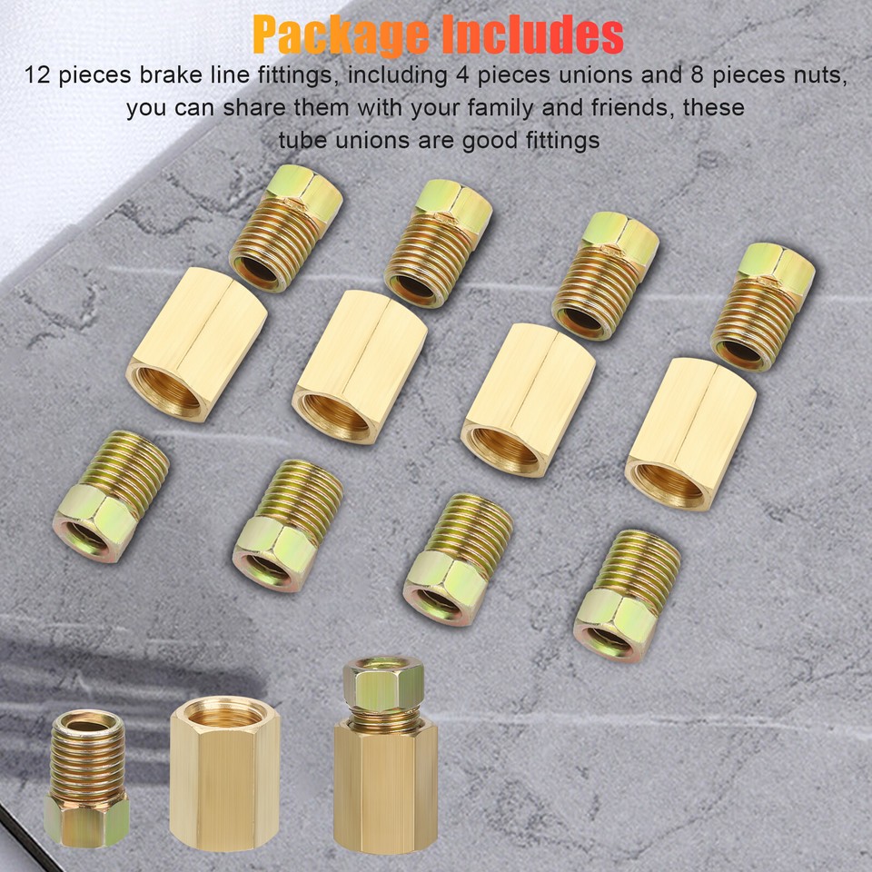 12 Piece (3/8-24 Inverted) Brake Line Fittings & Brass Unions Set For 3 ...