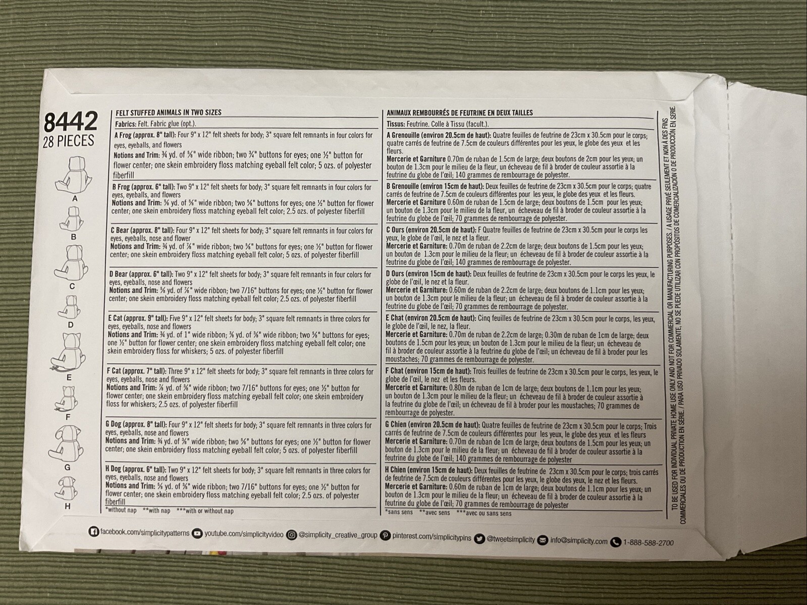 Simplicity Sewing Pattern 8442 Felt Stuffed Animals Frog Bear Cat Dog 2 ...