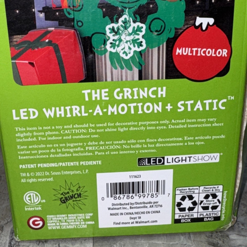 Grinch Christmas Light LED Whirl A Motion + Static Projection Dr. Seuss ...