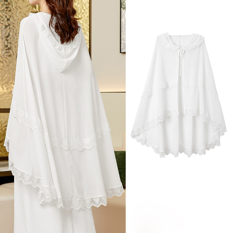 Women Chiffon Cloak Hooded Cape Shawl Wedding Bridal Sheer Ruffle Midi ...