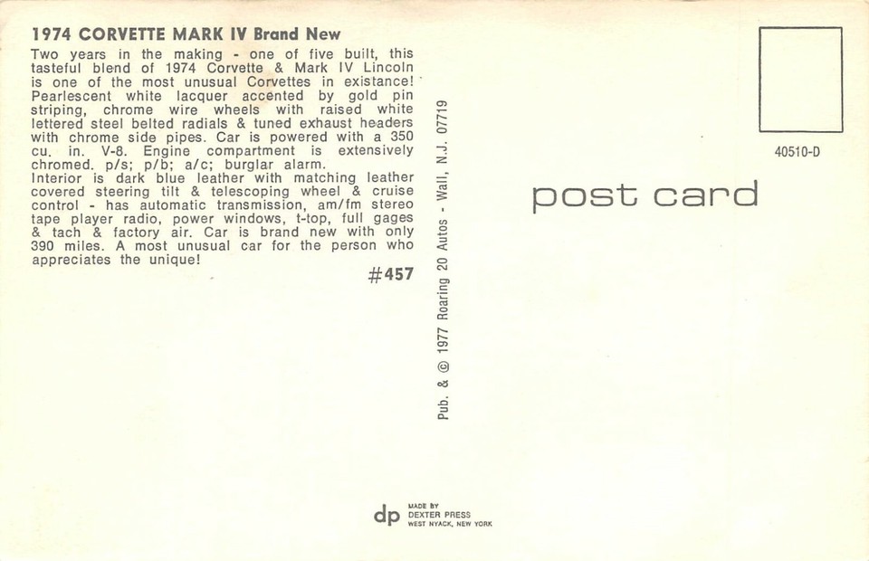 # B274 AUTO POSTCARD, 1974 CORVETTE MARK IV | eBay