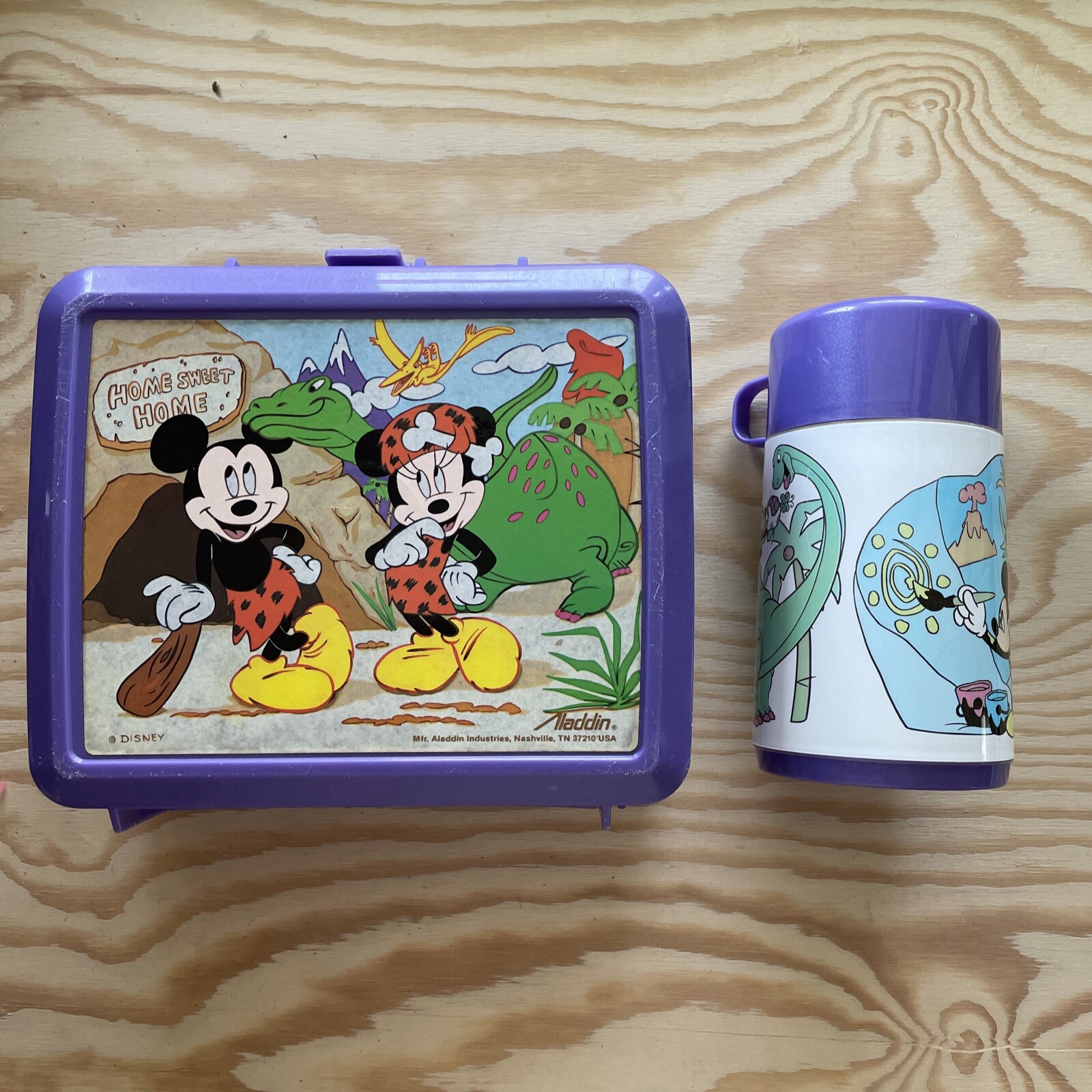 Vintage Disney Mickey Minnie Mouse Aladdin Lunch Box Caveman Dinosaur W ...