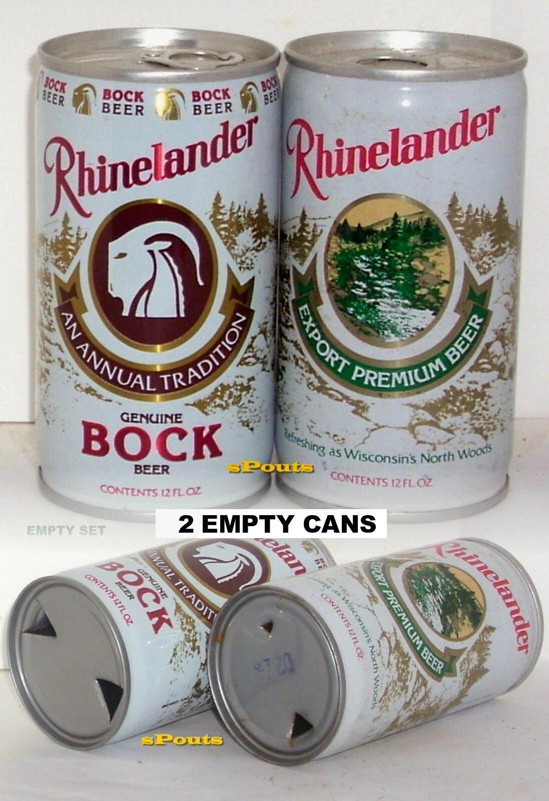 RHINELANDER BOCK+EXPORT TIN BEER CANS HUBER WISCONSIN GOAT HORNS ...