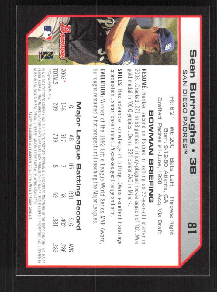 Sean Burroughs 2004 Bowman San Diego Padres #81 | eBay