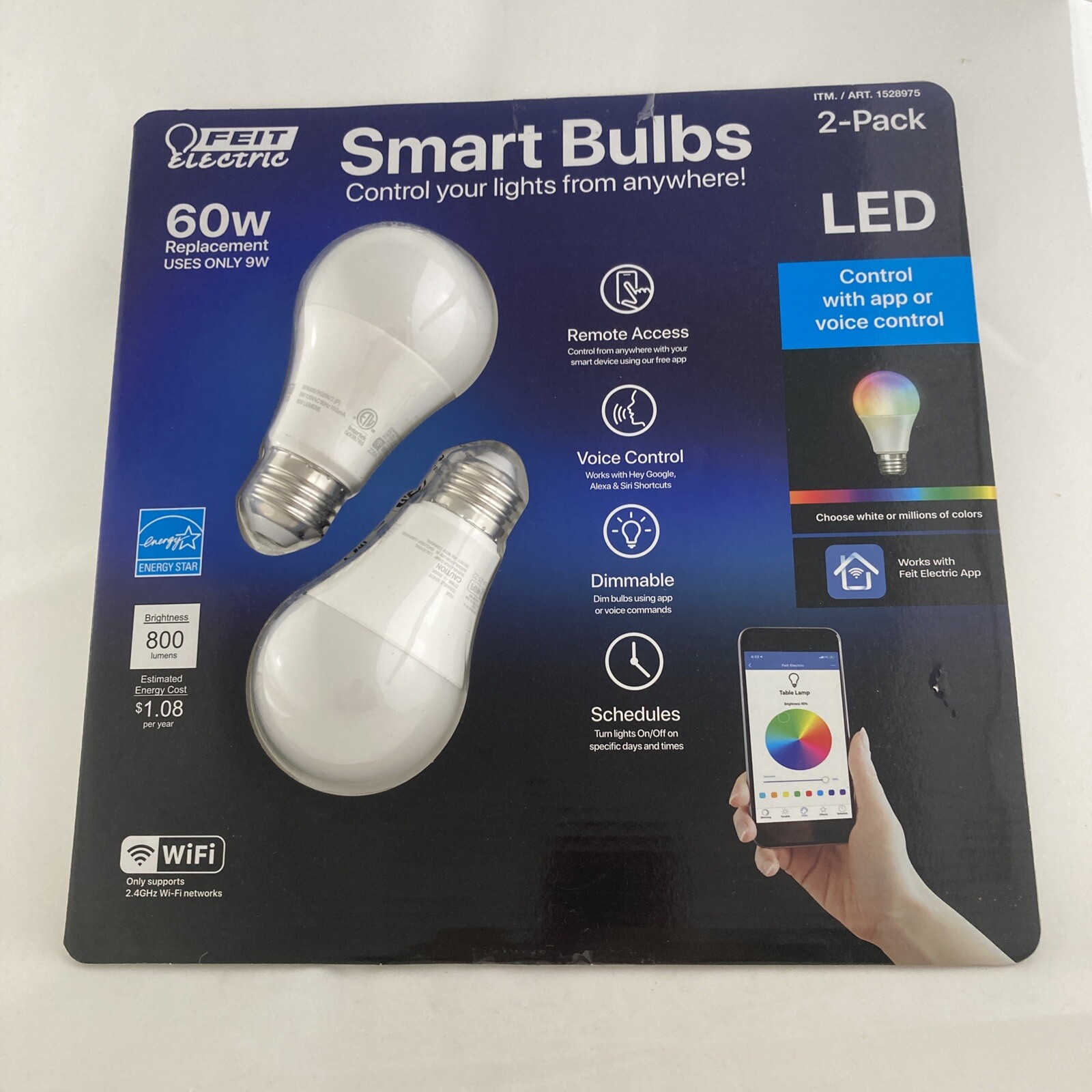 Open Box Feit Electric 2 Pack Smart Wi-Fi LED Bulbs 60W Equiv Alexa ...