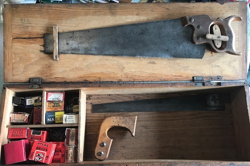 Antique Wooden Carpenters Toolbox Chest Storage Box Trunk Case With Saw ...