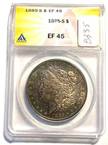 #A8335.ANACS Morgan Silver Dollar 1885 S EF 45 Seldom Seen Rainbow ...