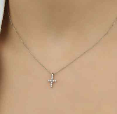 14K SOLID WHITE GOLD SMALL DIAMOND CROSS NECKLACE | eBay