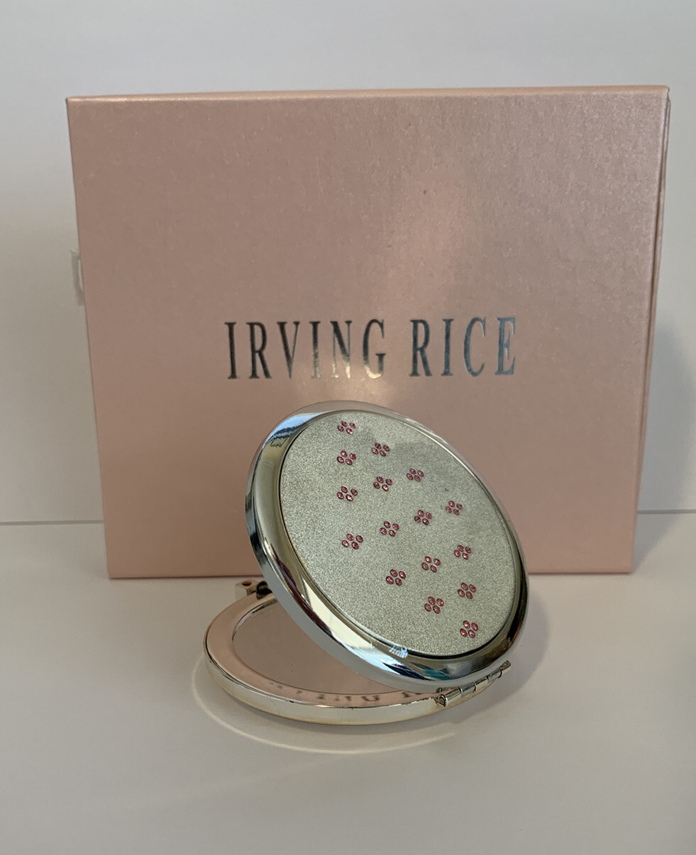 Irving Rice Silver Magnifying Compact Mirror Crystal BOUQUET OF DIAMOND ...