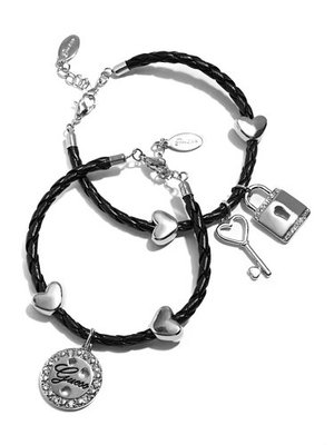 NEW-GUESS SILVER TONE CHARM LOCK,KEY, DOUBLE FAUX BLACK LEATHER WOVEN ...