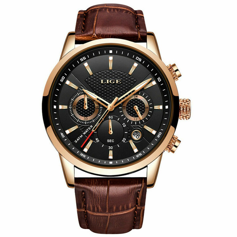 LIGE Men Quartz Watch Male Leather Wristwatch Business Calendar Brown ...