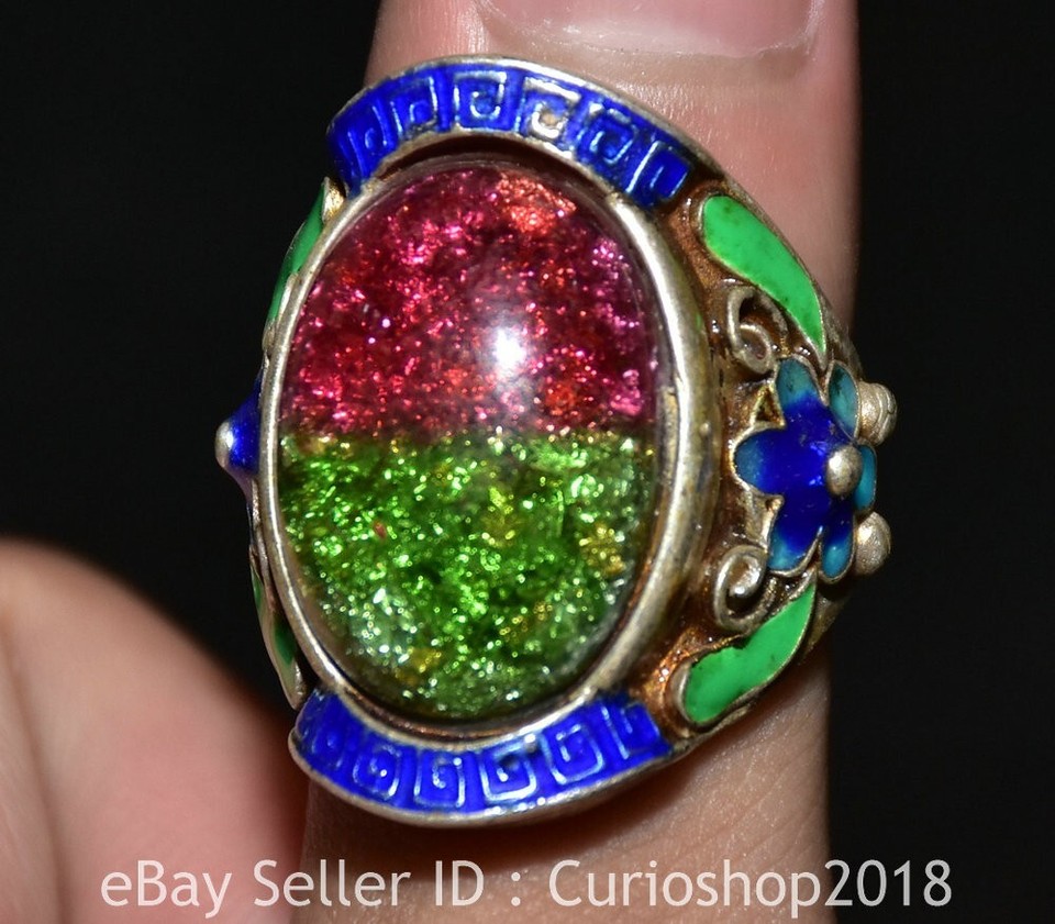 1.2" Rare Old Chinese Cloisonne Silver Inlay Color Gem Flower Figure ...