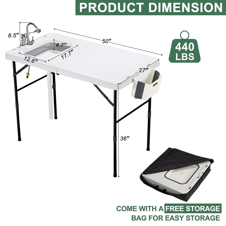 50" Folding Fish Cleaning Table with Foldable Sink, Outdoor Fillet ...