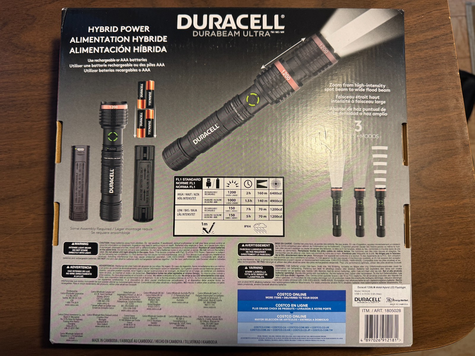 3 Pack Duracell LED Flashlights 1200 Lumens Rechargeable or AAA USB-C ...