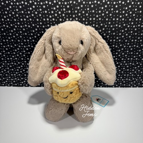 Jellycat Medium BASHFUL BEIGE BIRTHDAY BUNNY 12" Soft Plush Toy Cake ...
