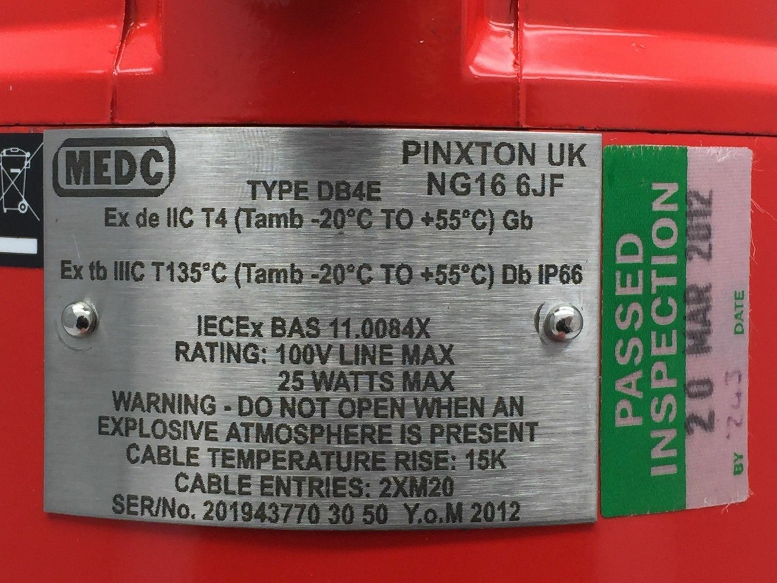 Cooper MEDC Type DB4E Speaker Weatherproof 25W 100V IP66 T135°C 2012 ...