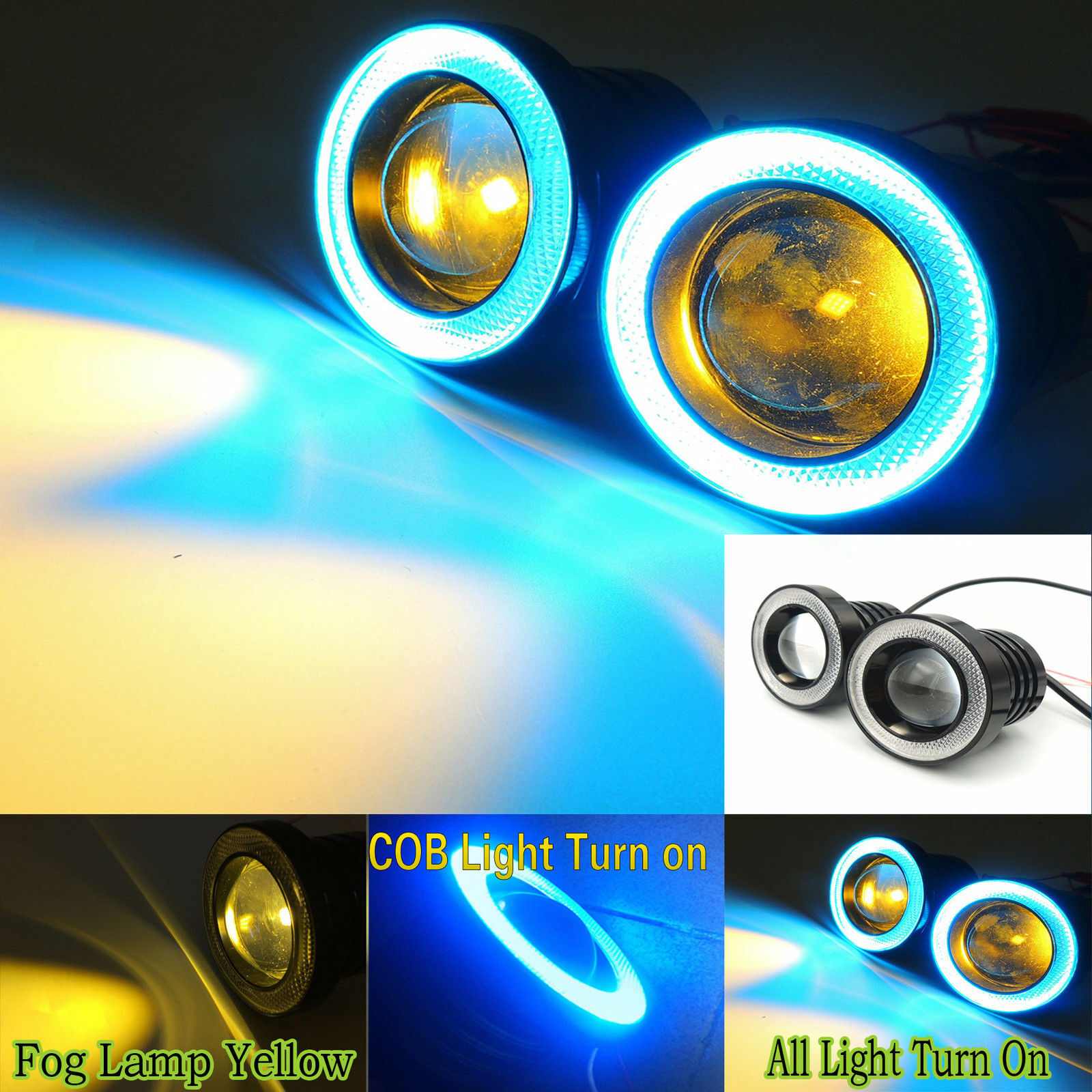 2x 2.5/3/3.5" inch Yellow LED Fog Lights with Angel Eyes Halo Ring Car ...