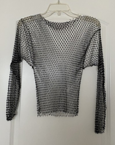 Rhinestone Mesh Top Black Long Sleeve Overlay Diamante Unisex Fishnet ...