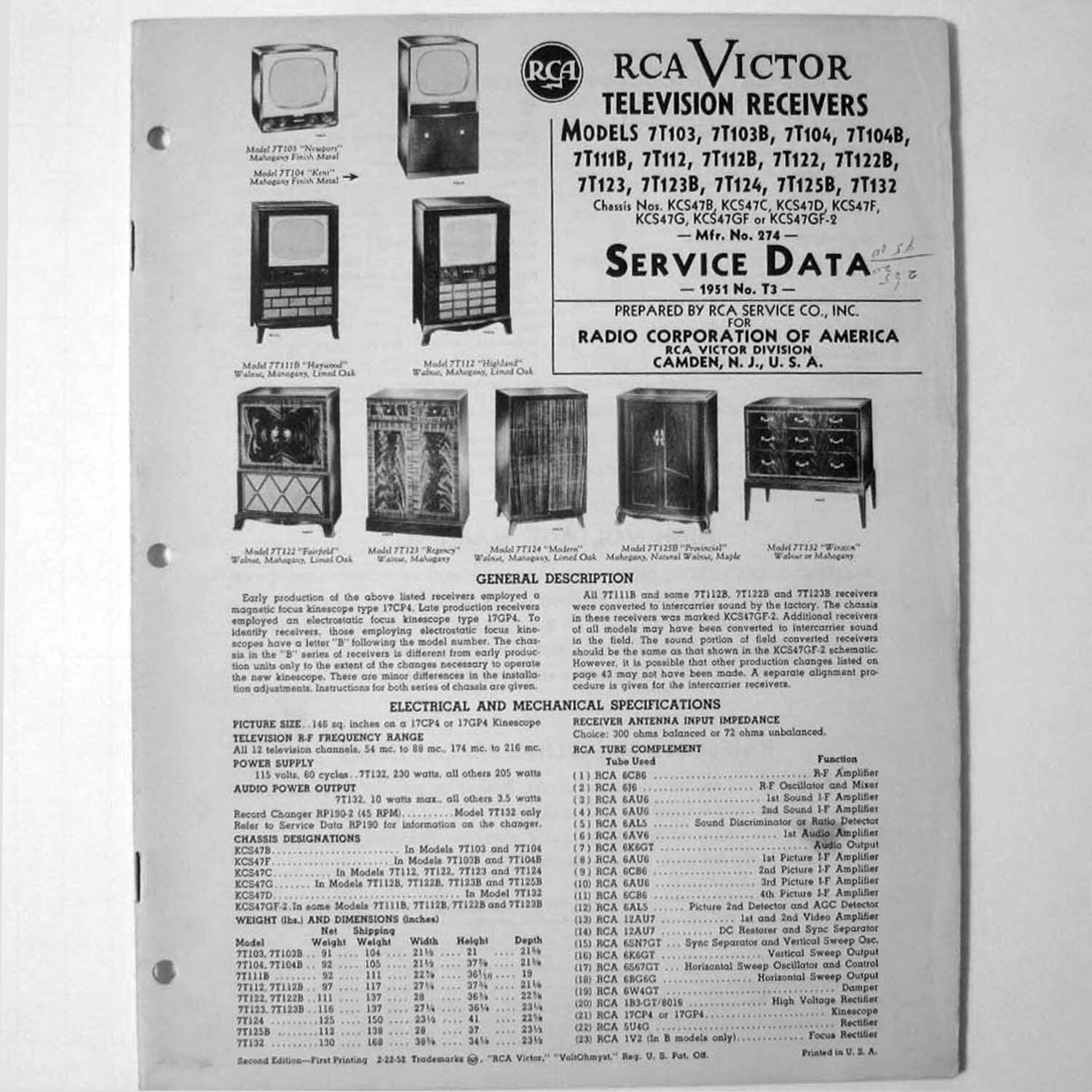 RCA ® Models 7T103 7T104 7T111 7T112 7T122 TV Television Service Manual ...