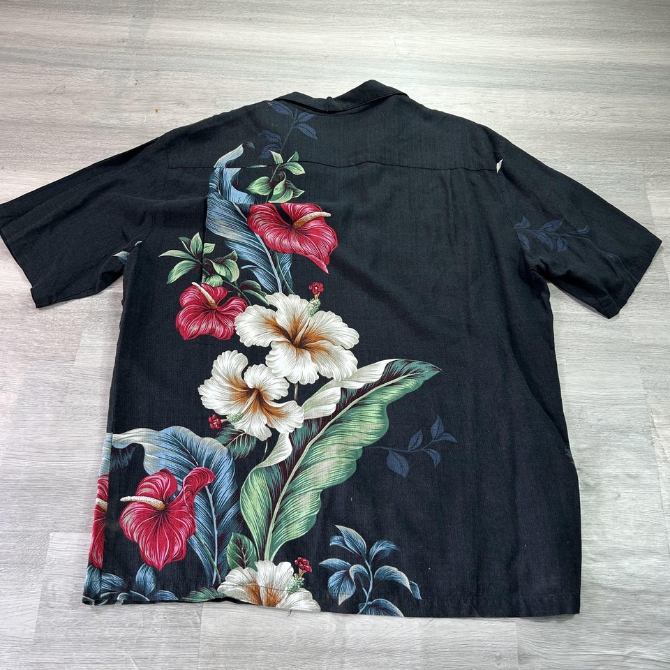 Iolani Shirt Mens Large Black Floral Hawaiian Short Sleeve Button Up ...