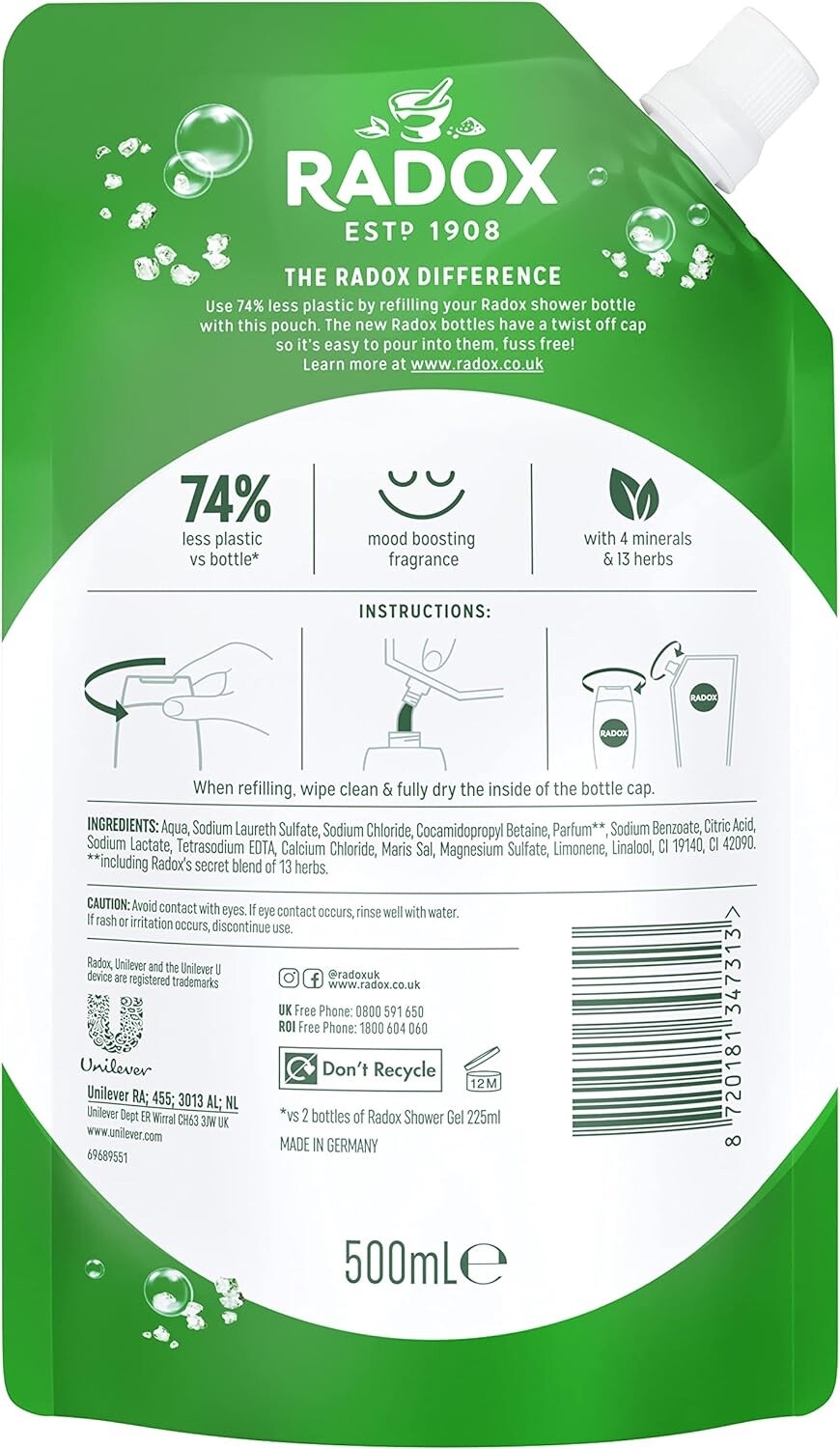 Radox Mineral Therapy Shower Gel Refill Pouch Feel Refreshed 500 ml 5 ...
