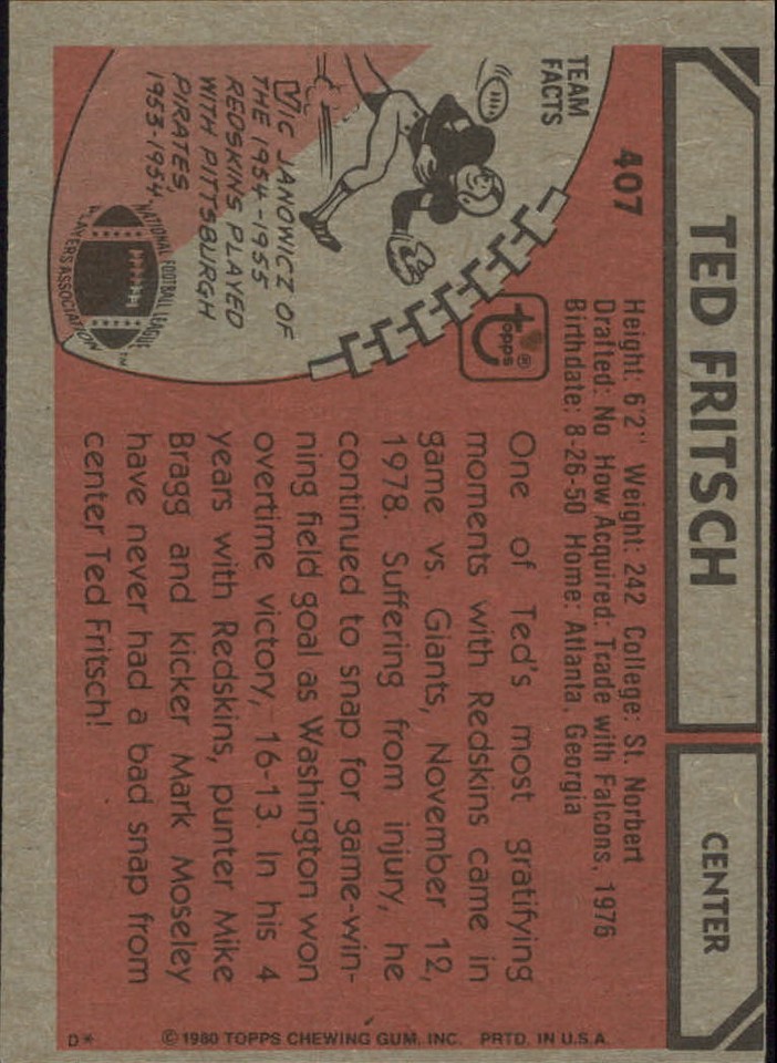 1980 Topps Football Card #407 Ted Fritsch Jr. - VG-EX | eBay