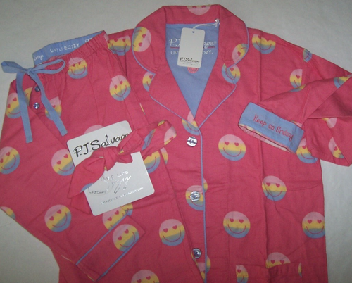 NWT PJ Salvage Pink/Purple SMILEY FACES Flannel Pajama Set XS KEEP ON ...