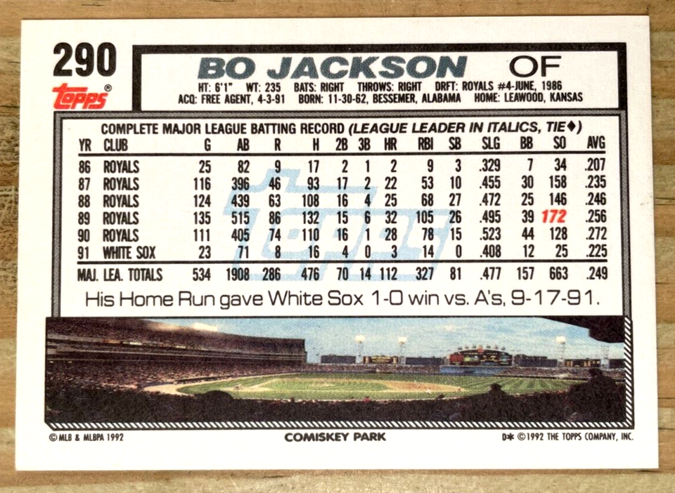 1992 TOPPS BO JACKSON CARD#290 NM-MT AUBURN TIGERS RAIDERS ROYALS WHITE ...