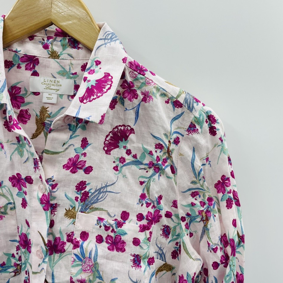 Charter Club Womens Size XS Floral Printed Button-Front Linen Top Pink ...