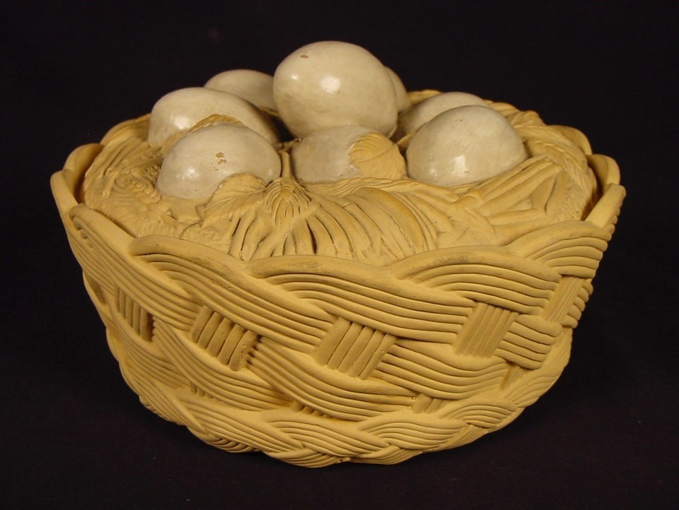 VERY RARE 1860 SIGNED GAME DISH w 8 CHICKEN EGGS CANE YELLOW WARE ...