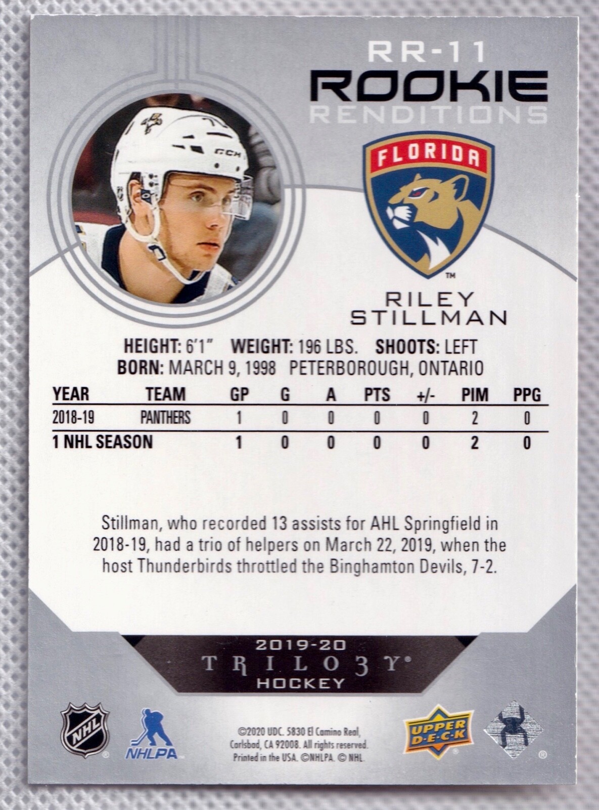 2019-20 Upper Deck Trilogy - Rookie Renditions #RR-11 Riley Stillman ...