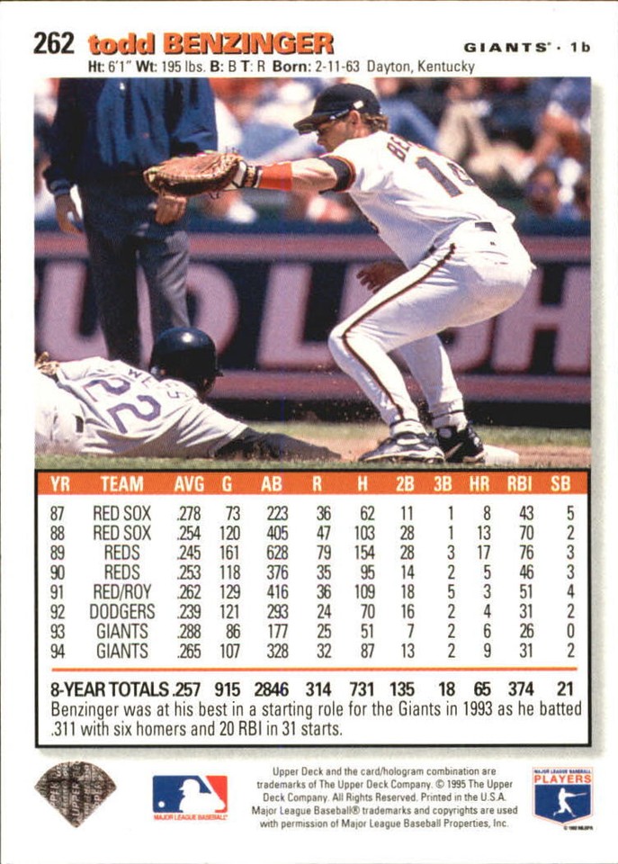 1995 (GIANTS) Collector's Choice Gold Signature #262 Todd Benzinger | eBay