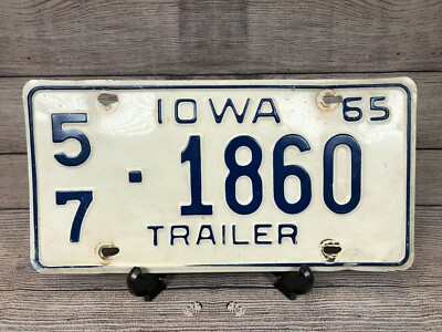 1965 Iowa Trailer License Plate #1860, 57 Linn, White vintage raised ...