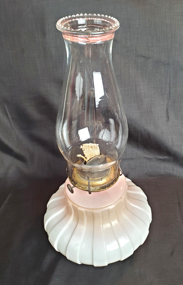 Antique Oil Lamp Milk Glass Base White & Pink w/Clear Beaded Rim ...