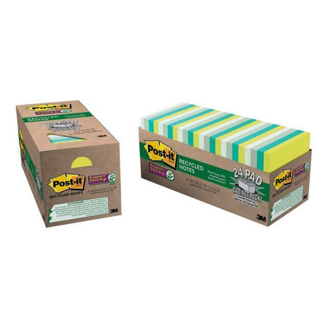 Post-it 654-24SST-CP Recycled Super Sticky Notes, 3x3 inch - 24 Pack ...