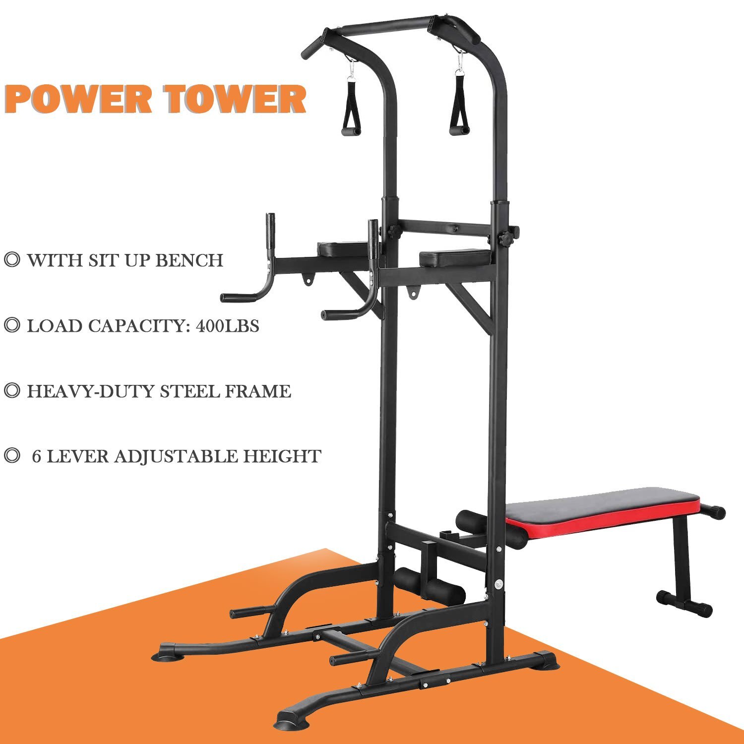 Power Tower with Bench Pull Up Bar Dip Station Gym Strength Training ...