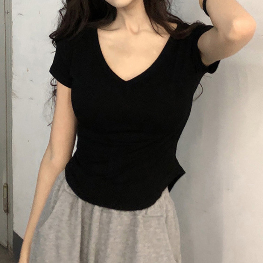 Terylene Irregular Base Top Plain Irregular V-neck T-shirt Women | eBay ...