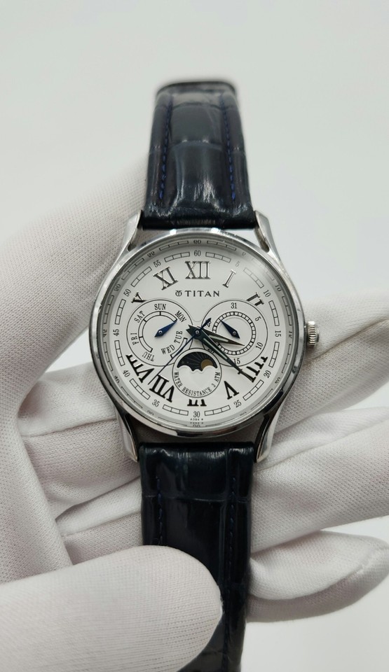 Titan Men's Moon Phase Multifunction Silver Tone Case Quartz Watch | eBay