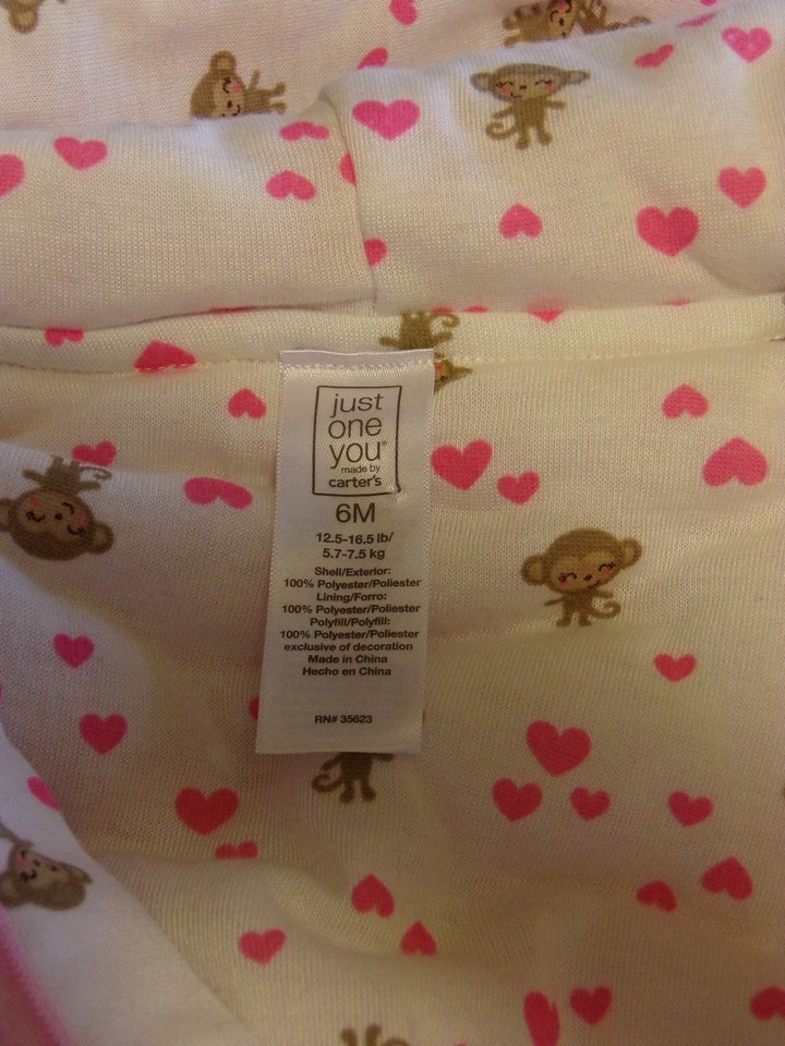 Carters Just One You Adorable Pink Monkey Soft Winter Snowsuit Size 6M ...