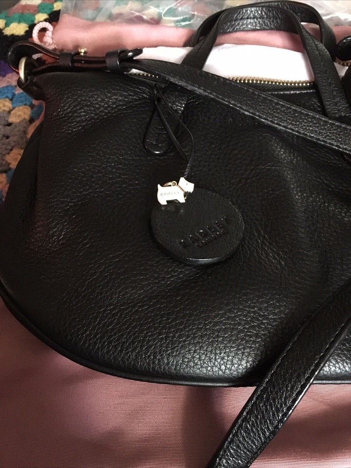 RADLEY Black leather Cross Body Messenger Bag small metal dog tag ...