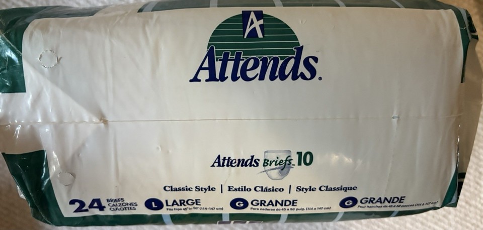 Vintage 24 Attends Adult Briefs 10 Large Incontinence Diapers Classic ...