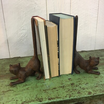 Pair of Cast Iron Cat Bookends Statue Sculptures Figurines Shelf Art ...