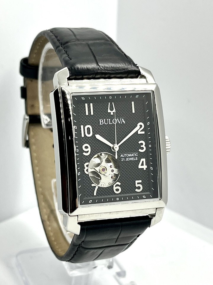 Bulova Sutton Automatic Silver And Black 96A269 Rectangle Men's 33mm ...