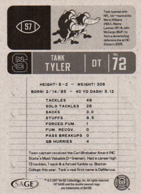 2007 SAGE HIT #57 DeMarcus Tank Tyler | eBay