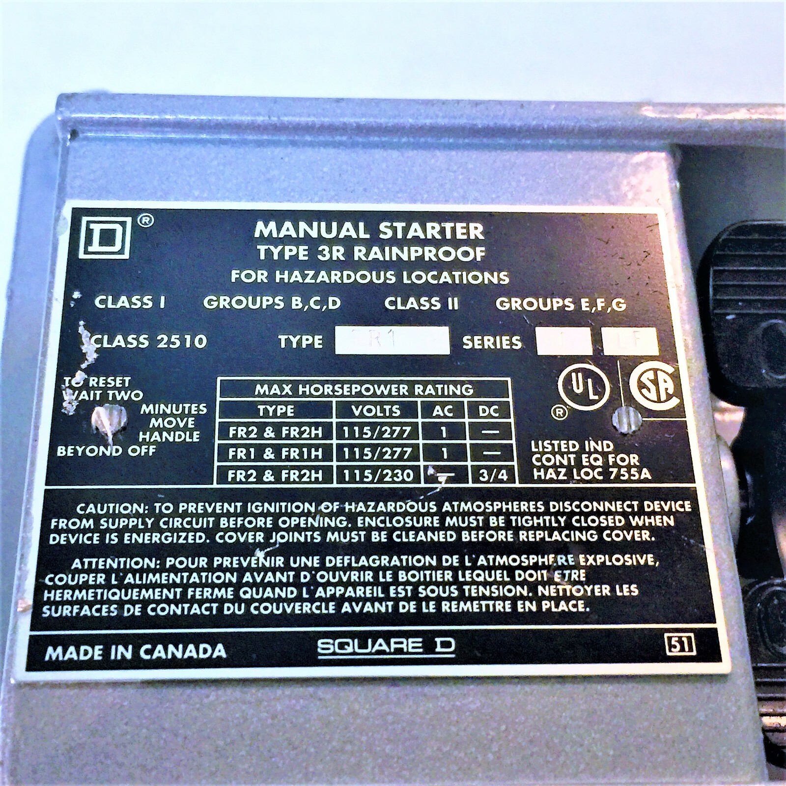 SQUARE D 2510 FR1 SER B LF / TYPE 3R RAINPROOF MANUAL STARTER | eBay