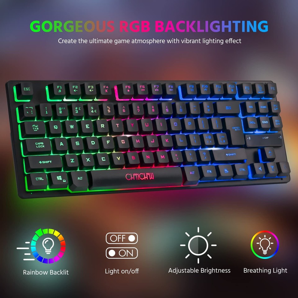 Back-lit Wireless Keyboard Rechargeable LED Ergonomic 87 Key Light up ...