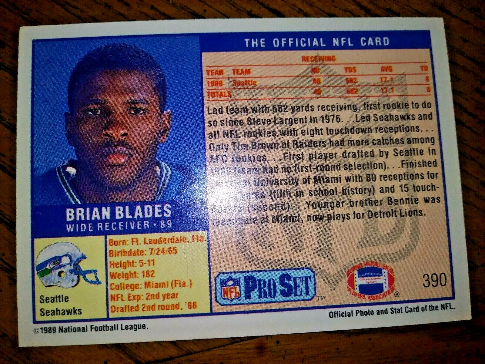 1989 Pro Set Brian Blades Seattle Seahawks Card #390 | eBay