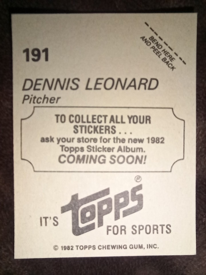 1982 Topps Stickers Dennis Leonard Kansas City Royals Baseball Team KC ...