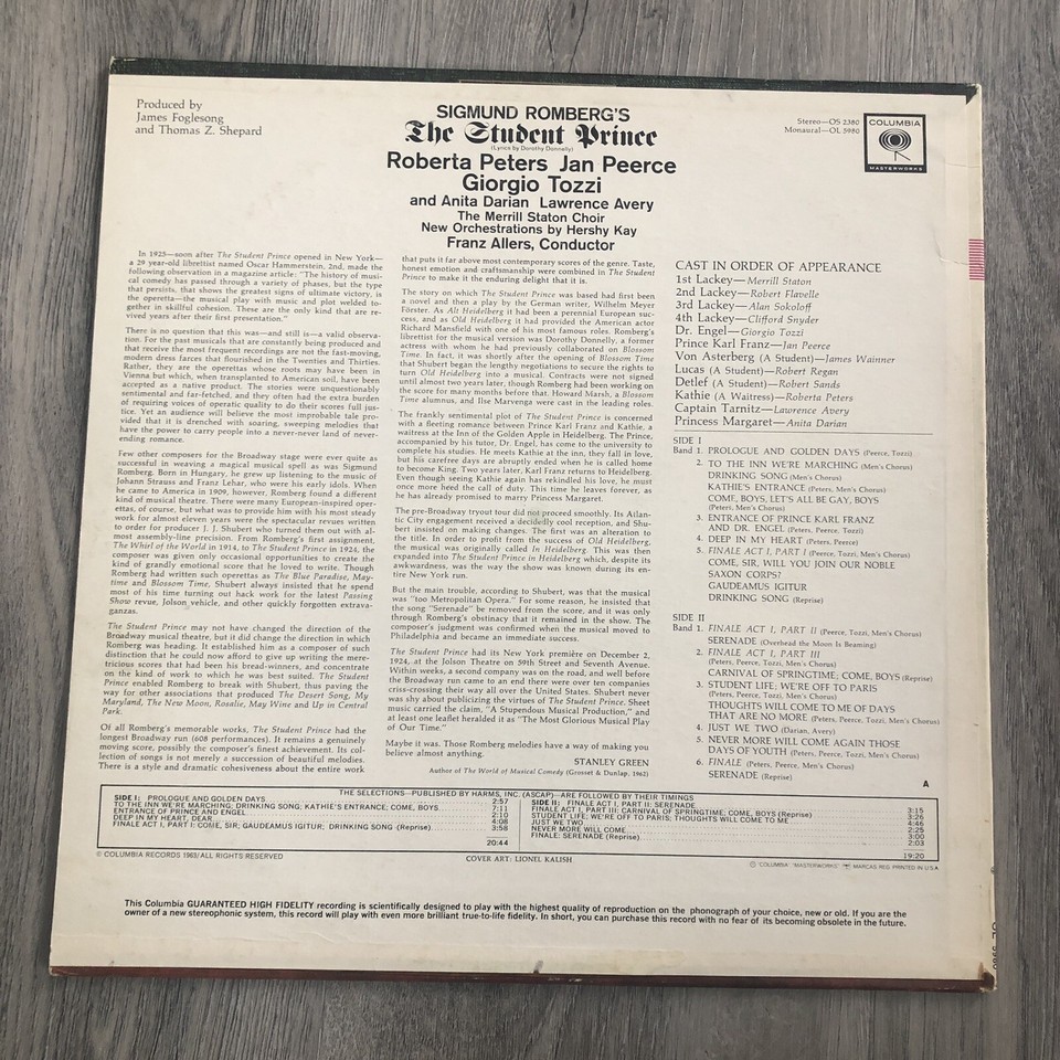 Sigmund Romberg's The Student Prince~Roberta Peters, Jan Peerce ...